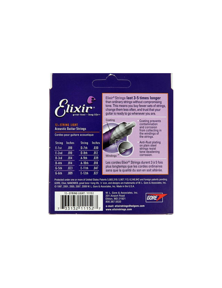 Jeux cordes Guitare accoustique Elixir 11152 NANOWEB BRONZE Light